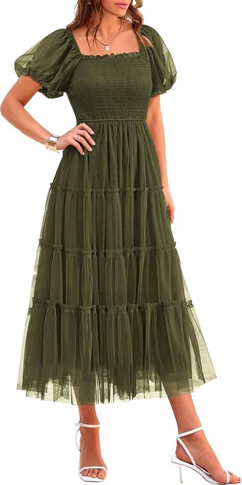 Prettygarden Womens Smocked Tulle Midi Dress 2025 Summer Square Neck