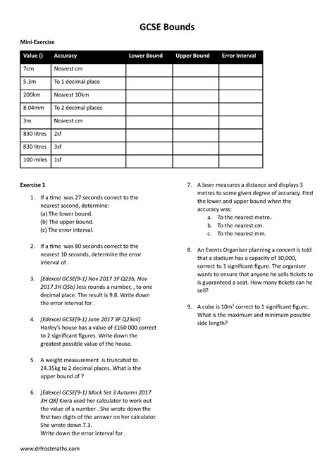 Gcse Bounds Bounds Gcse Bounds Mini Exercise Value Accuracy