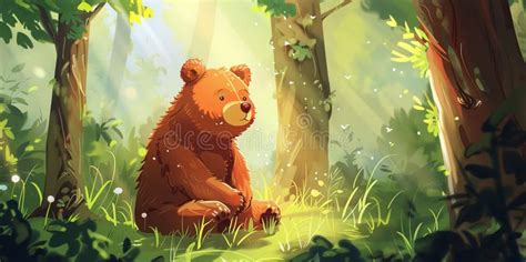 Illustration Of Cute Bear Sitting In The Forest Generative Ai Stock