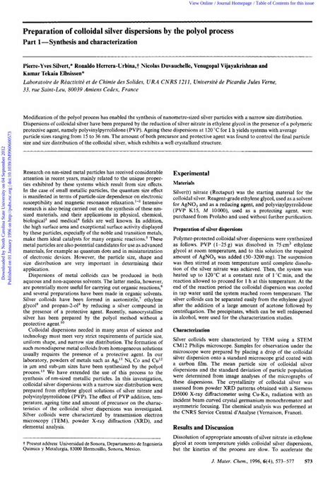 Pdf Preparation Of Colloidal Silver Dispersions By The Polyol Process