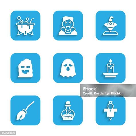 유령 물약이 든 병 허수아비 불타는 촛불 마녀 빗자루 재미있는 무서운 유령 마스크 할로윈 마녀 가마솥 아이콘을 설정합니다 벡터 10월에 대한 스톡 벡터 아트 및 기타 이미지