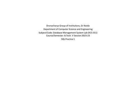 Sql Lab Practice 1 Btech Dronacharya Group Of Institutions Gr