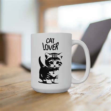 Cat Lover Mug Large White Ceramic Mug 15oz Black On White Kitten Mug