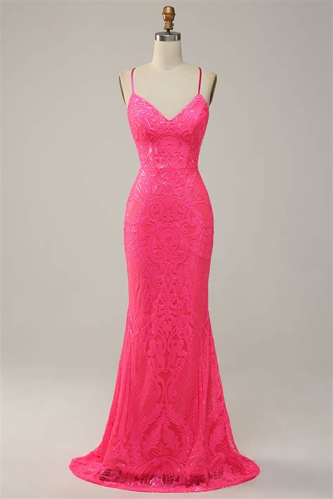 Zapakasa Women Sparkly Hot Pink Sequins Long Prom Dress Mermaid