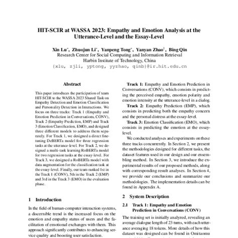 Hit Scir At Wassa 2023 Empathy And Emotion Analysis At The Utterance Level And The Essay Level