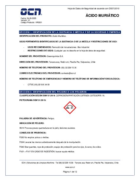 Hoja De Datos De Seguridad Ácido Muriático Ds572019 Studocu