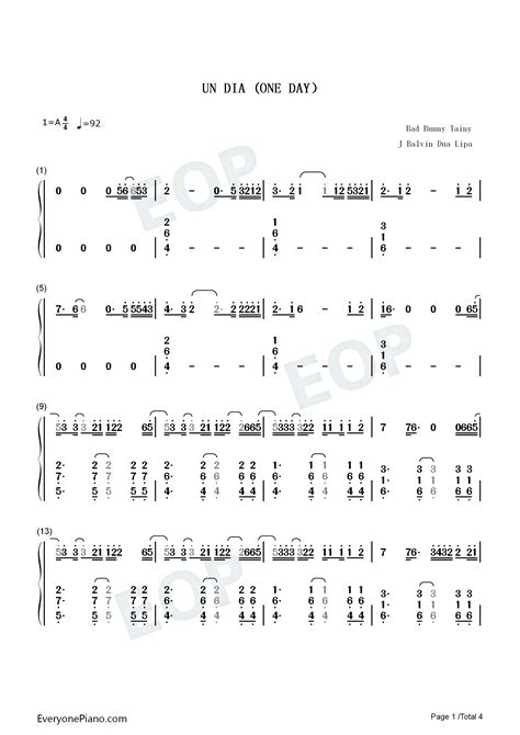 Un Dia One Day双手简谱预览1 钢琴谱文件（五线谱、双手简谱、数字谱、midi、pdf）免费下载