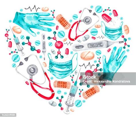 장갑 알약 온도계 주사기 청진기로 만든 수채화 의료 심장 로고에 대한 스톡 벡터 아트 및 기타 이미지 로고 붕대 약국 Istock