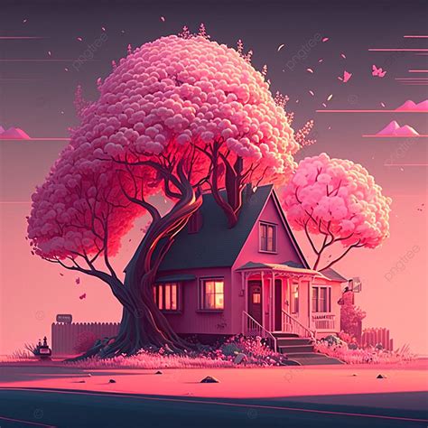 Pink City With House And Tree Vector Background Pink City Pink