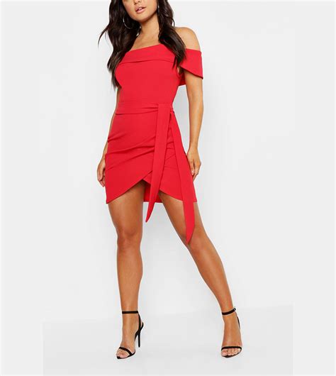 Buy Boohoo Off The Shoulder Wrap Detail Bodycon Dress In Red