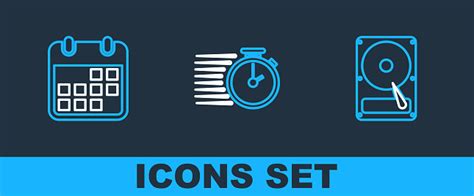 라인 하드 디스크 드라이브 Hdd 캘린더 및 스톱워치 아이콘을 설정합니다 벡터 낮에 대한 스톡 벡터 아트 및 기타 이미지 낮