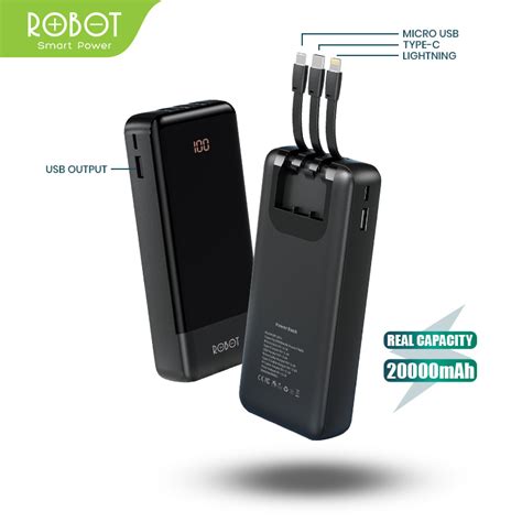 Jual Powerbank ROBOT 20000mAH RP 201L 2 1A Dengan 3 Kabel Type C Lightning Micro Garansi 1