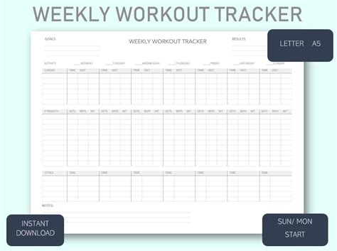 WEEKLY WORKOUT Fitness Exercise Tracker Printable Digital Weekly Wellness Planner Minimal Letter