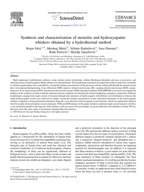 Synthesis And Characterization Of Monetite And Hydroxyapatite Whiskers