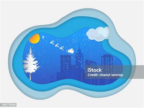 메리 크리스마스와 새 해 복 많이 받으세요 개념 양말입니다 벡터 도시에 선물을 주고 예술 및 공예 스타일 종이 오는 하늘에 산타