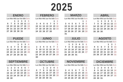 Clásico Horizontal Calendario 2025 En Español Días Semanas Y Meses