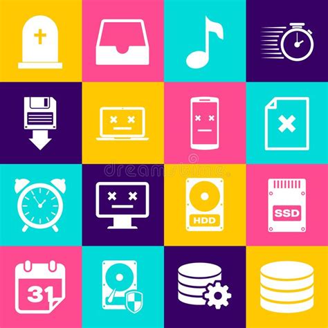 Set Database Ssd Card Delete File Document Music Note Tone Dead Laptop And Floppy Disk