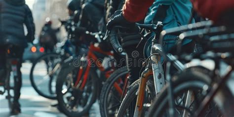 Cyclists Stuck In A Traffic Jam Waiting At A Congested Intersection