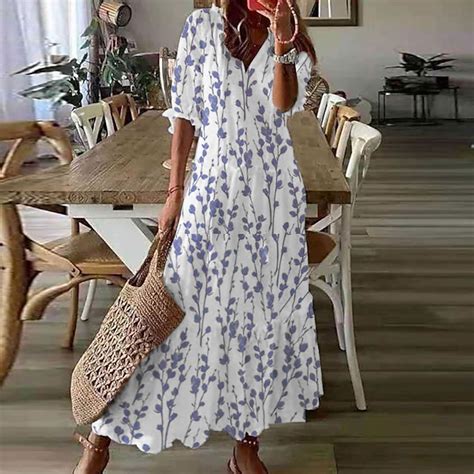 Pitauce Holiday Dresses For Women V Neck Floral Printed Maxi Dress