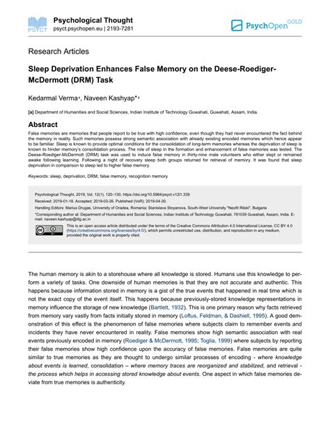 Pdf Sleep Deprivation Enhances False Memory On The Deese Roediger Mcdermott Drm Task