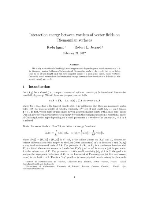 Pdf Interaction Energy Between Vortices Of Vector Fields On Riemannian Surfaces