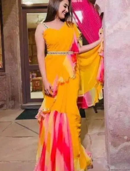 Buy Haldi Yellow Georgette Saree Pink Ruffle Border Online Trendwati