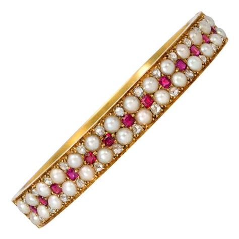 Victorian Gold Pearl Ruby And Rose Diamond Bangle Bracelet In 18