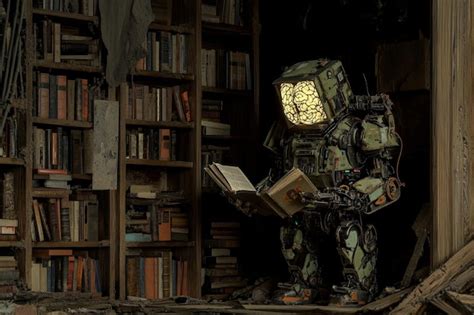 Robot Exploring An Abandoned Library Reading Books Premium Ai
