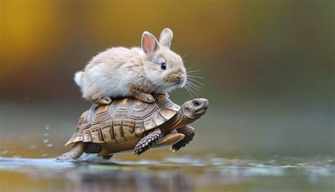 Premium Ai Image Rabbit Sits On Running Turtle While The Tortoise