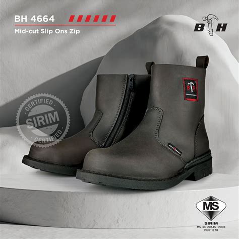 BH 4664 Black Hammer Mid Cut Slip On Zip Safety Shoes SIRIM Certified