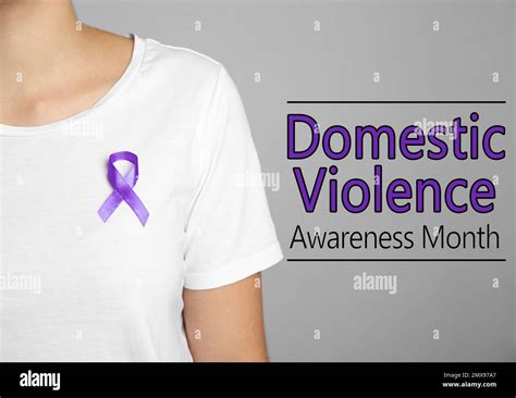 Woman With Purple Ribbon On Grey Background Closeup Symbol Of