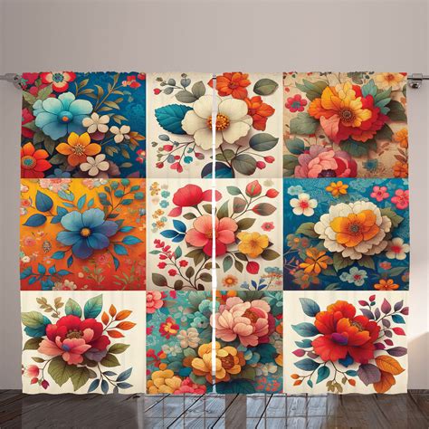 Ambesonne Curtains 2 Panel Set Multicolor Flowering Squares Orange And Dark Turquoise Wayfair