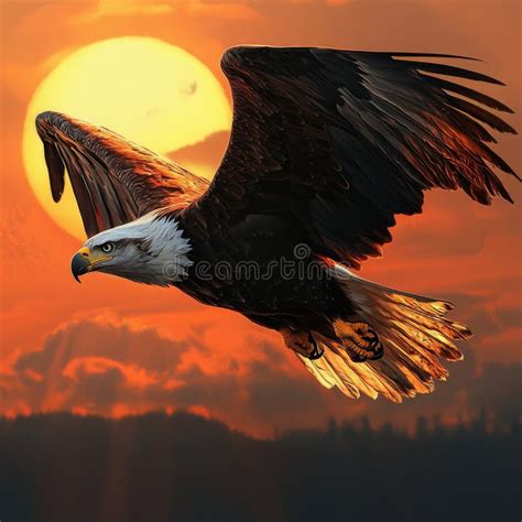 A Majestic Bald Eagle Is Gracefully Flying Through The Sky At Sunset Stock Image Image Of