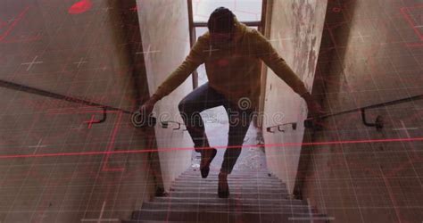 Tech Red Grid Overlay Appearing Scanning Beam Sparking Man Using Rails Climbing Stairs Toward