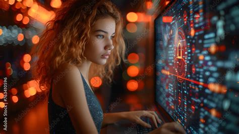 Concentrated Woman Analyzing Complex Data On A Digital Screen With Glowing Cyber Graphics