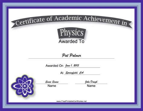 Physics Academic Certificate Printable Certificate