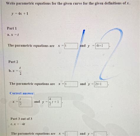 solved write parametric equations for the given curve for
