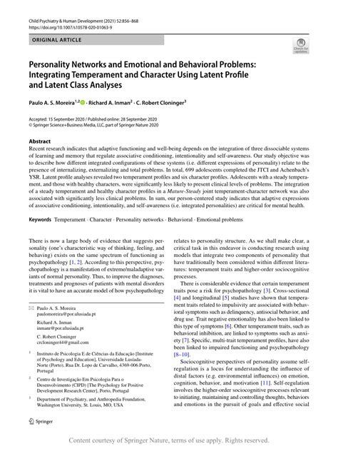 Personality Networks And Emotional And Behavioral Problems Integrating Temperament And