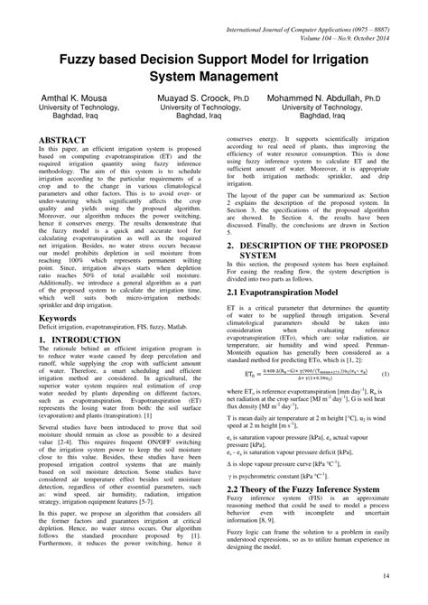 Pdf Fuzzy Based Decision Support Model For Irrigation System Management