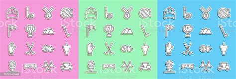 세트 라인 골프 자동차 티 클럽 메달 골프 수상 컵 플래그 야구 모자와 산 아이콘 벡터 개인 장식품에 대한 스톡 벡터 아트 및 기타 이미지 Istock