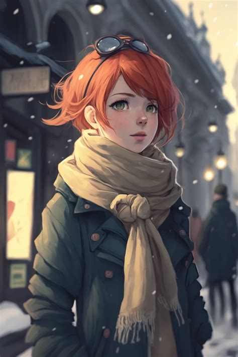 Red Haired Anime Girl In Winter City • Promptden