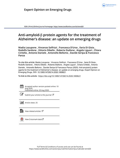 Pdf Anti Amyloid β Protein Agents For The Treatment Of Alzheimers