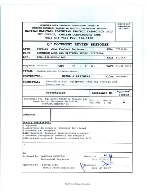 Procedure For Handling Equipment Storage And Preservation Nandp Sa Ompp