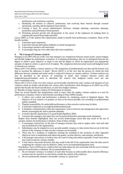 Application Of Variance Analysis For Performance Evaluation A Cost Benefit Approach Pdf