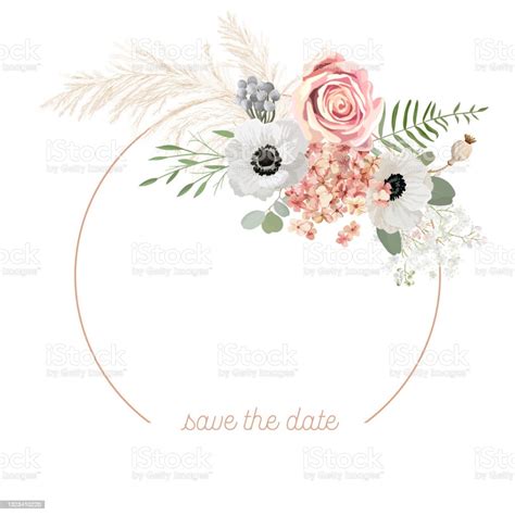 보호 꽃 웨딩 벡터 프레임 수채화 팜파 잔디 말미잘 장미 꽃 국경 템플릿 결혼 식 최소한의 봄 초대 카드 장식 여름 배너 벡터에 대한 스톡 벡터 아트 및 기타 이미지