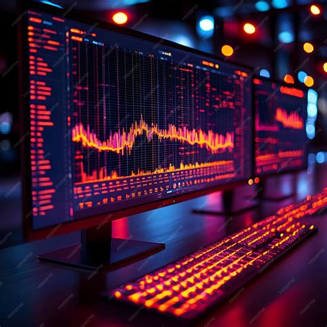 Computer Monitor Displaying Stock Market Data Red And Blue Lights Illustration Premium Ai