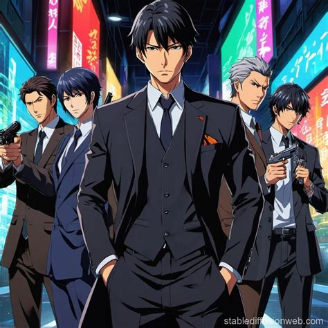 Five Suited Japanese Investigators With A Pistol Stable Diffusion Online