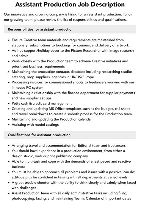 Assistant Production Job Description Velvet Jobs