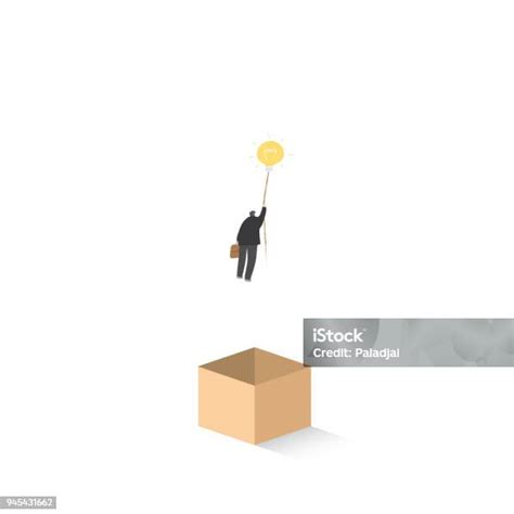 사업가 흰색 배경 일러스트 벡터에 전구 풍선에서 상자 벗어 비즈니스 개념입니다 사색에 대한 스톡 벡터 아트 및 기타 이미지 사색 상자 시력 Istock
