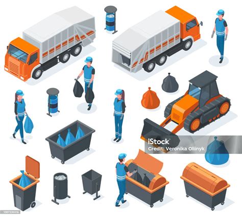 Isometric 3d 쓰레기 매립지 불도저 쓰레기 트럭 및 청소부 쓰레기 재활용 장비 및 쓰레기 용기 벡터 일러스트 세트 도시